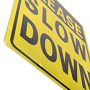 Kichwit Double Sided Aluminum Please Slow Down Sign Reflective Metal Sign with Stakes, Sign Measures 11.8" x 15.8", 14" Long Metal Stakes Included