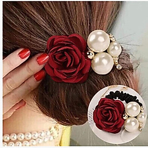 LOVEF 4Pcs Korean Fashion Pearl Hair Rope Rose Flower Rhinestone Hair Ties/ Jewelry Rubber Band