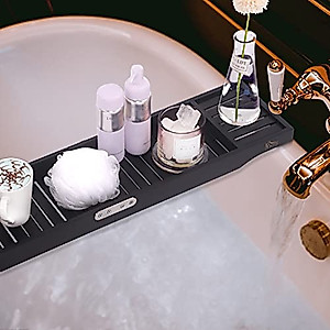 BUDFAY Bathtub Tray, Foldable Bamboo Bath Tray, Stylish Bathroom Accessories with Free soap Dish, Foot Brush, Bath Ball (Black)