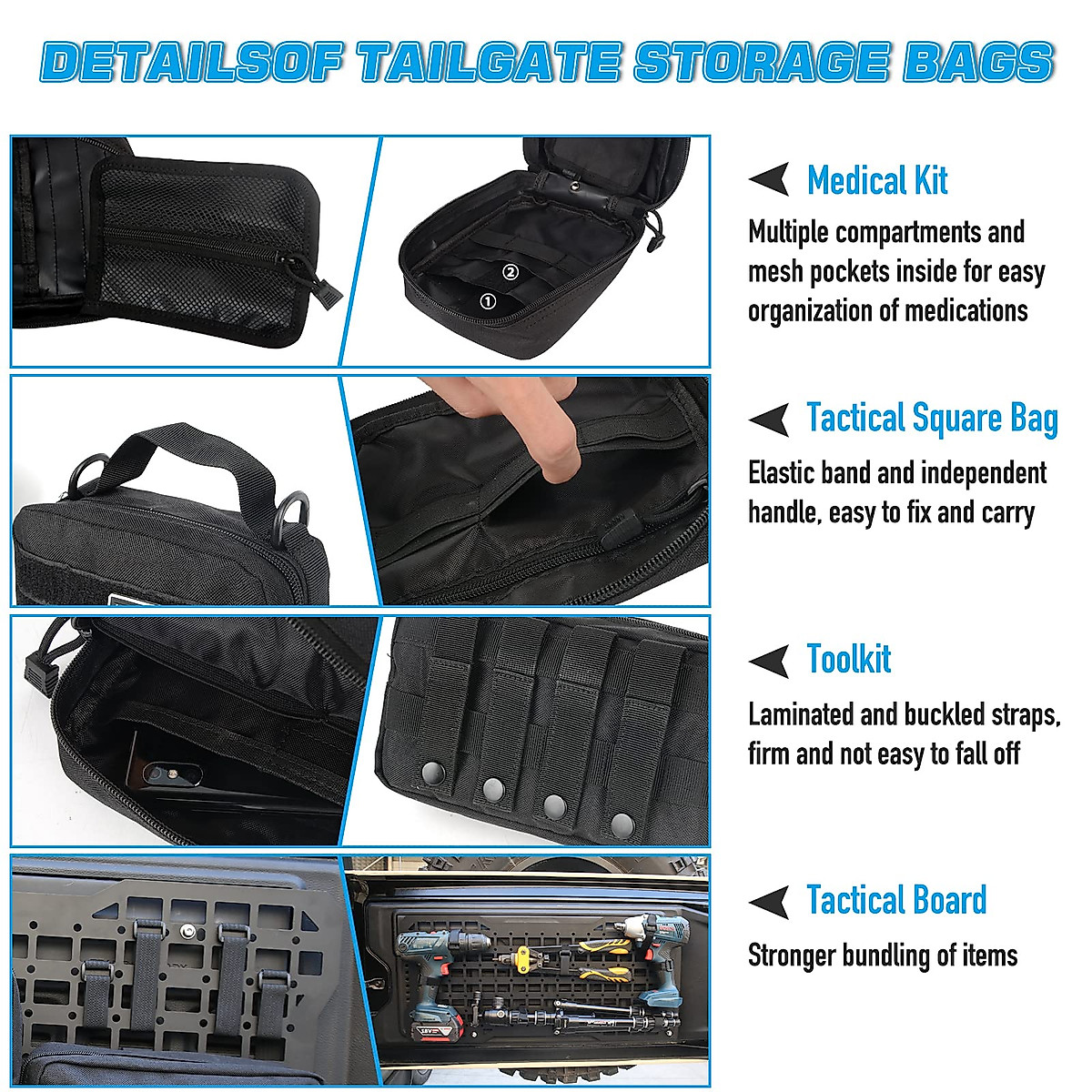Tailgate Molle Panel Rear Door Cargo Organizer Kit Interior Storage Metal Plate with 3 Storage Bags for 2007-2022 Jeep Wrangler JK/JL 4XE