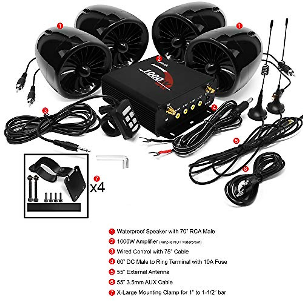 GoHawk TJ4-Q 1000W 4 Channel Amplifier 4" Full Range Waterproof Bluetooth Motorcycle Stereo Speakers Audio System AUX USB SD Radio for 1-1.5" Handlebar Harley Touring Cruiser ATV