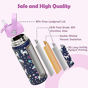 ACESAK 18oz Kids Insulated Water Bottle with Straw Lid - 18/8 Stainless Steel Kid Cup Travel Tumbler Double Wall Vacuum Leak Proof Portable Toddler Water Bottle (Unicorn + Mermaid)
