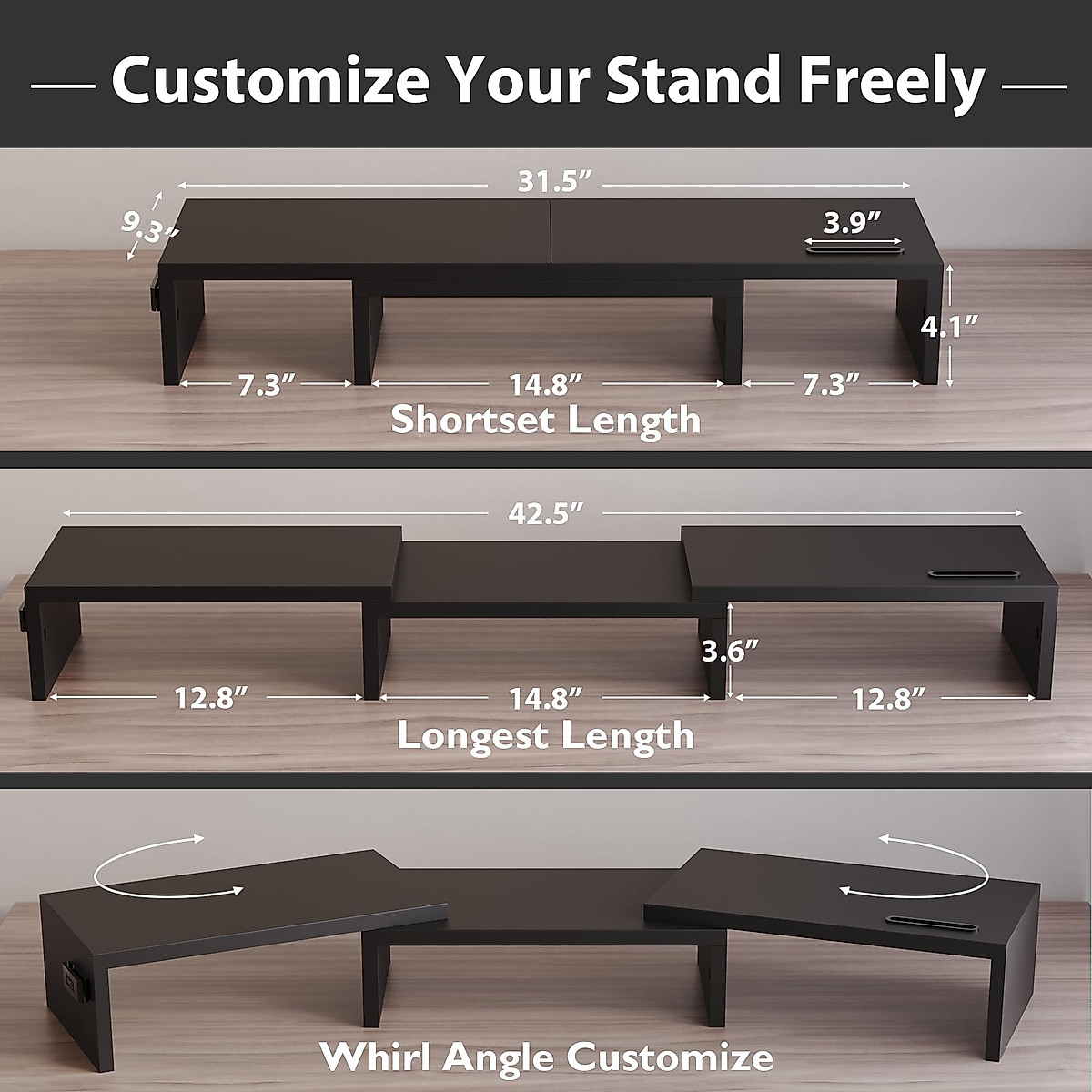 BONTEC Dual Monitor Stand, Adjustable Length & Swivel Angle, Wooden Desktop Organizer, Smartphone Holder, Monitor Riser for 2 Monitors, Desk Stand for Laptop, Printer, Home Office, Black