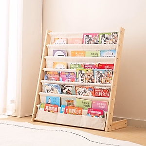 Wooden Bookshelf for Kids Wood Bookrack Canvas Book Storage Shelf Display Bookshelf 6 Tier Kids Book Rack for Bedroom Living Room Playroom Storage Organizer Natural (29.52" L x 11.81" W x 31.10" H)