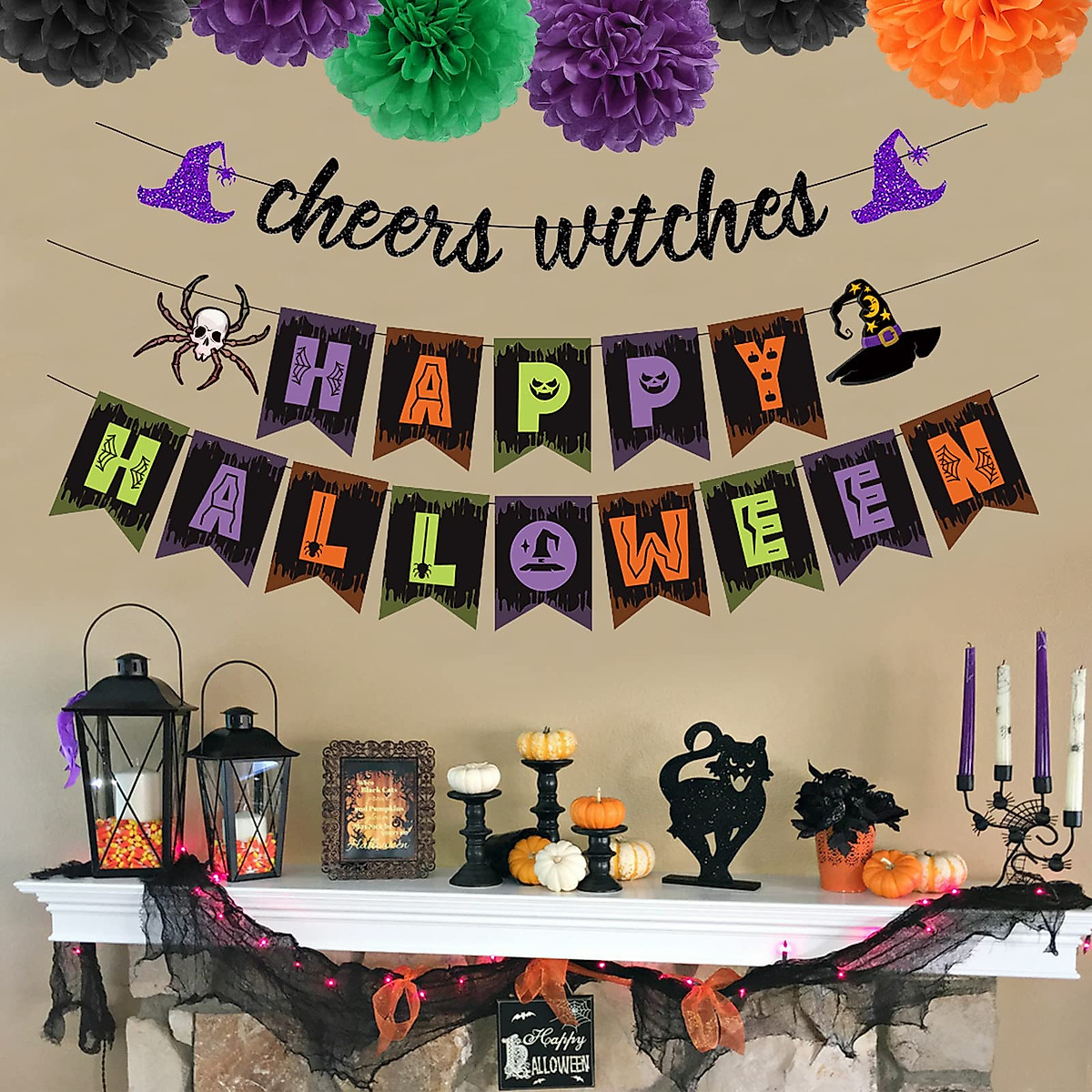 Black-Orange Green-Purple Halloween Party-Decorations - 8pc Kit Happy Halloween Banner, Tissue Flower Paper Pom Poms Streamers,Cheers Witches Garland,Birthday Bachelorette Baby Shower Lasting Surprise