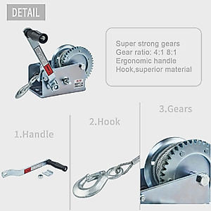 OPENROAD 2500LB Boat Trailer Winch-32FT Steel Cable, Heavy Duty Hand Winch with 2-Way Ratchet 4:1/8:1 Gear System - Ideal for Boats, Trailers, RVs, ATVs, and Jet Skis