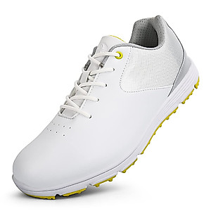 Waterproof Golf Shoes for Men Spikeless Outdoor Golf Sport Training Sneakers Classic Mens Golf Trainers Size 13 14 … (White Yellow, numeric_10)