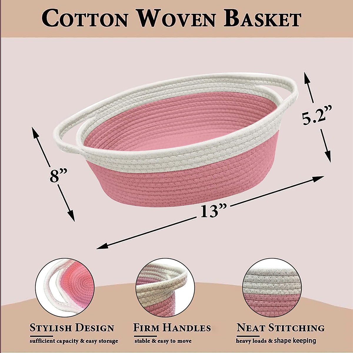 GIFTEXPRESS Pink & White Woven Basket - 13" x 8" x 5" Cotton Rope Organizing Baskets for Baby Items or Cat & Dog Toys - Cute Soft Gift Storage Bin w/Handles