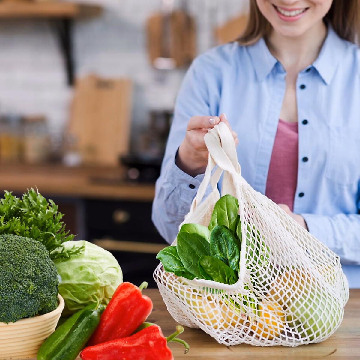 Mordx 2 Pack Premium Mesh Grocery Bags,100% Cotton String Mesh Bags,Long Handle Net Tote Bags,Reusable Produce Bags,Washable,Portable，Fruit and Vegetable Storage Bags,Beige