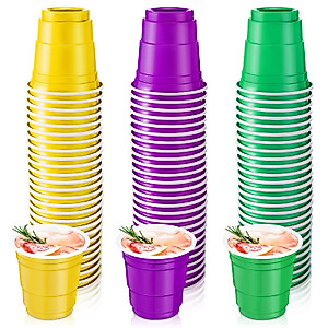 Meanplan 150 Pcs Mardi Gras 2 oz Plastic Shot Glasses Disposable Shot Cups Mini Colorful Small Party Cups for Mardi Gras Party Drinking Tasting Serving Snacks Samples, Purple Yellow Green