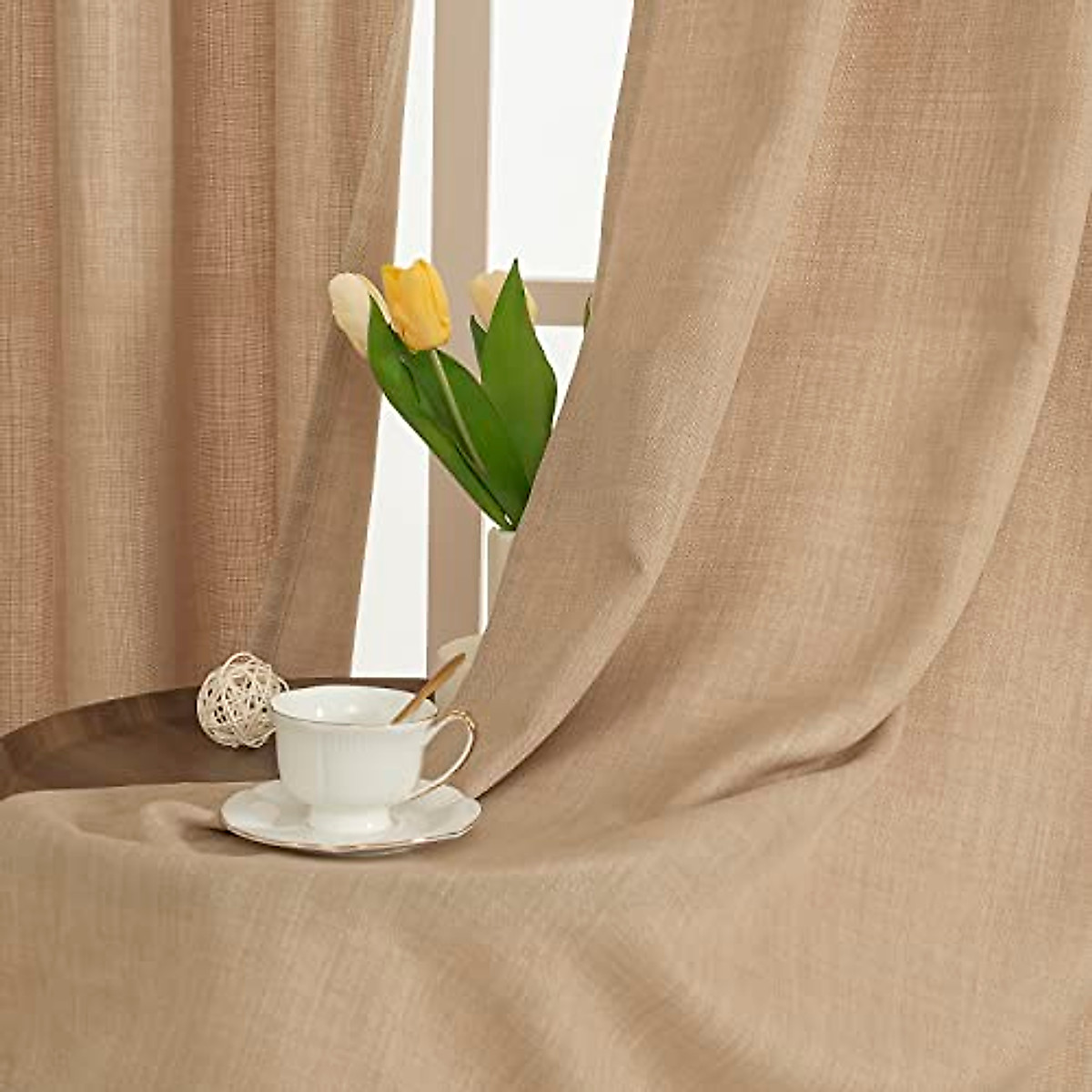 LAMIT Natural Linen Curtains for Bedroom, 84 Inch Faux Linen Textured Light Filtering Privacy Burlap Drapes Grommet Sheer Panels for Farmhouse/Living Room, 2 Panels, 52 x 84 Inch