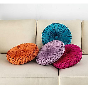 Cassiel Home 14.5” Velvet Round Pinktuck Pillow Hot Pink Spring and Summer Home Decor Handcraft Pleated Round Pillow Decorative Wedding Decoration Farmhouse Boho Accent Throw Pillow for Couch Bed Sofa