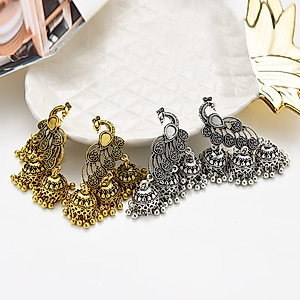 Jhumka Tassel Drop Earrings Indian Ethnic Vintage Earring Peacock Statement Oxidized Antique Traditional Jhumki Earring for Women Party Festival Boho Bohemian Bollywood Jewelry Gift (Silver)