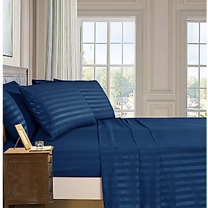 Elegant Comfort Best, Softest, Coziest 6-Piece Sheet Sets! - 1500 Premier Hotel Quality Luxurious Wrinkle Resistant 6-Piece DAMASK STRIPE Bed Sheet Set, Full Navy Blue