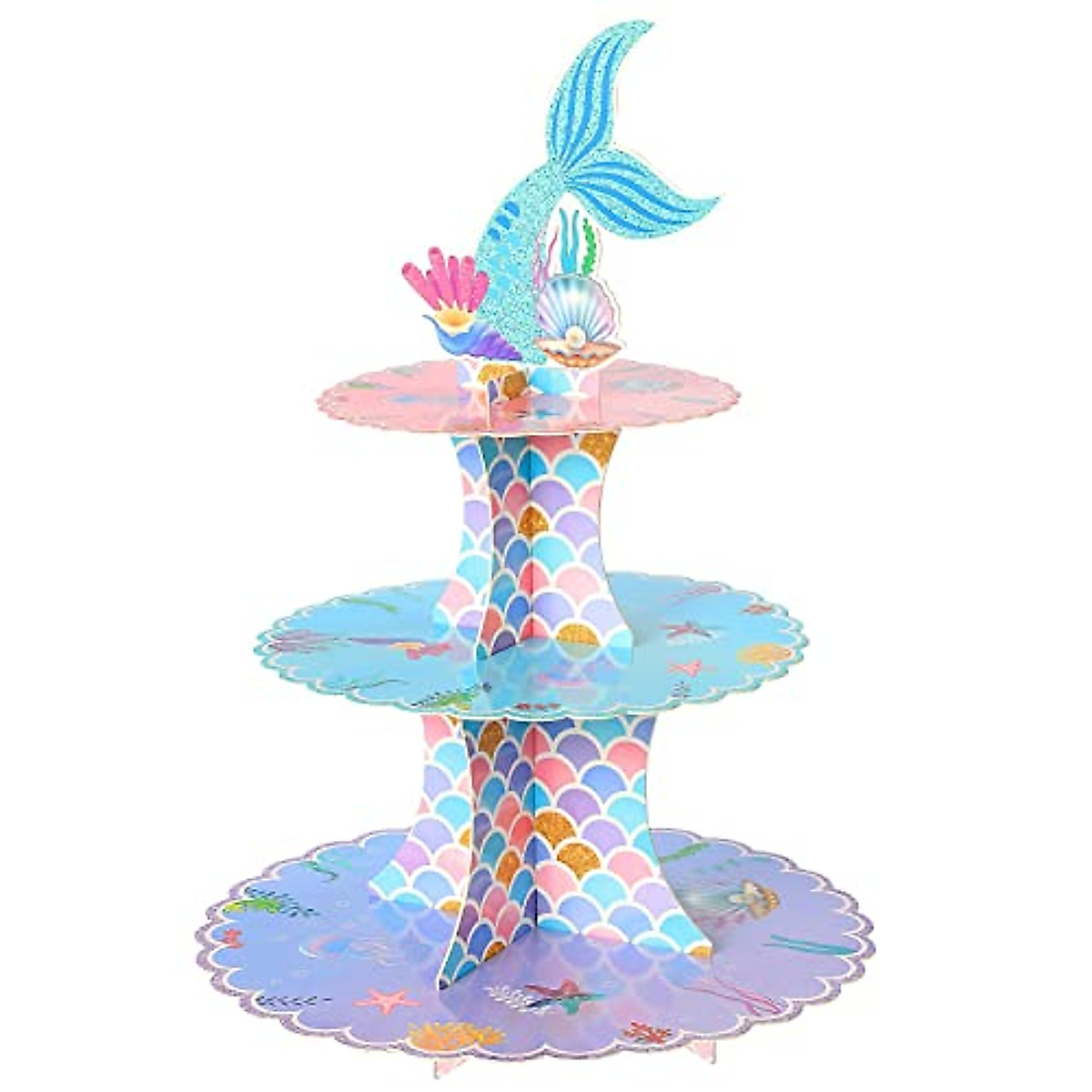 Creatyi Cupcake Stand 3 Tier Round Mermaid Cupcake Stand Unique Cupcake Holder Cupcake Tower Display Perfect for Birthday Baby Shower New Year and Christmas Party Supplies (Mermaid, 1 PCS)