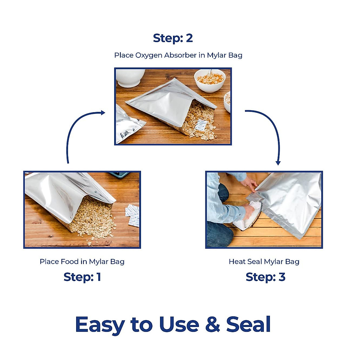 MAGOR 100 pcs Mylar Bags for Food Storage with Oxygen Absorbers +Labels ,1 Gallon 10x15(25pcs),1Quart 7x10(35pcs),small 4x6(40pcs) Stand Up Zipper Resealable Bags heat sealable for long term storage