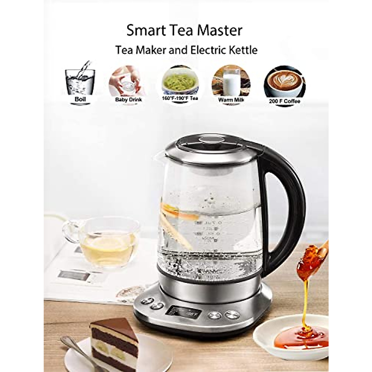 Electric Tea Kettle, 6 Variable Presets Temperature Smart Tea Maker, Fast Boil Electric Glass Kettle with 2Hr Keep Warm Function, Premium Stainless Steel, 1200 Watt Quick Heating, 1.7L