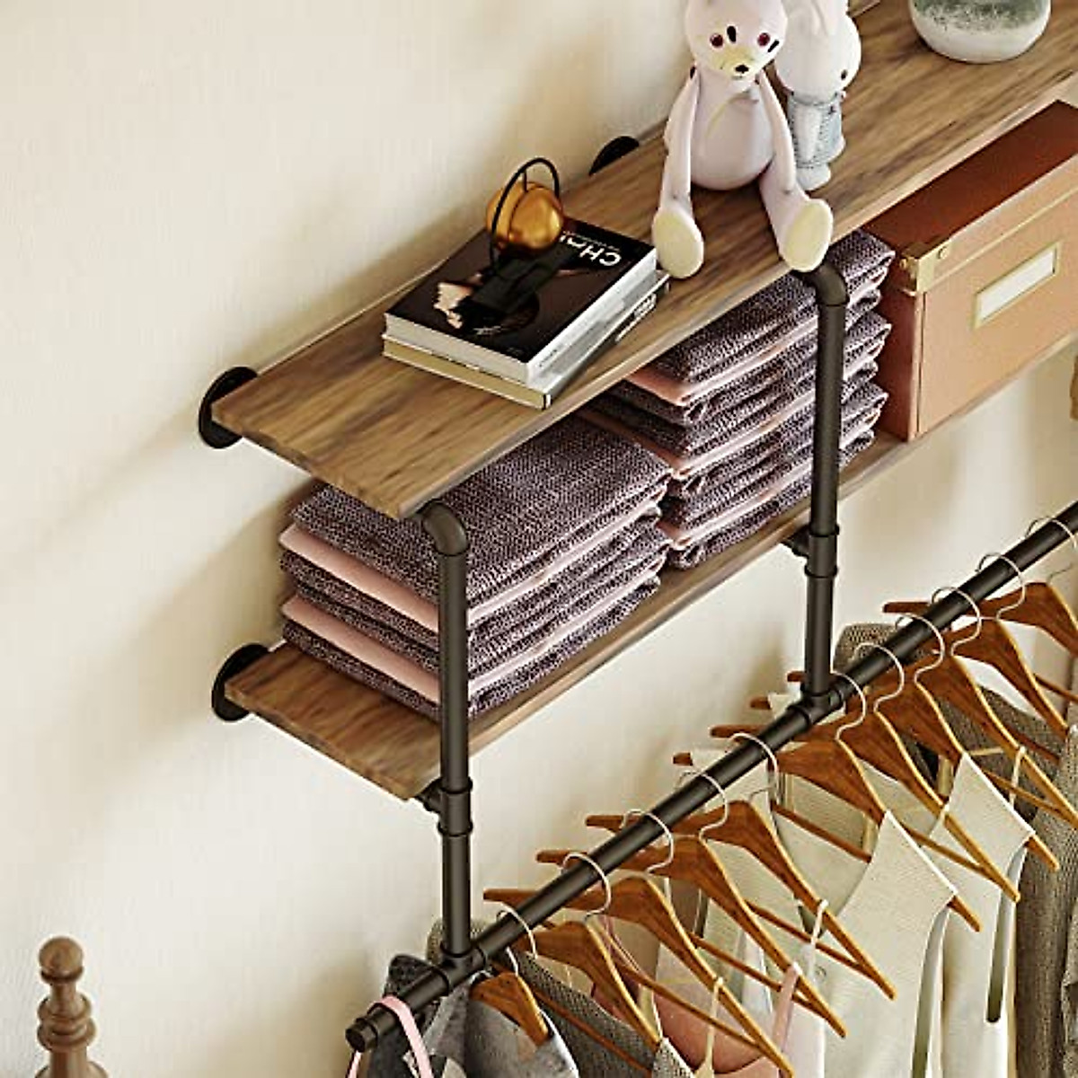 MAIKAILUN Wall Mounted Clothes Rack with Shelf, 52" Long Industrial Pipe Clothing Rack with 2 Tier MDF Shelves Heavy Duty Iron Garment Rack Bar,Retail Display Clothes Rod for Clothes,Laundry Room