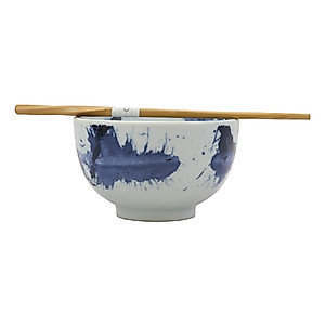 Ebros Gift Made In Japan Blue Splash Paint Abstract Art Design Porcelain Bowls With Bamboo Chopsticks Set Of 2 For Salad Ramen Pho Soup Cereal Home Kitchen Decorative Japanese Artistic Bowl