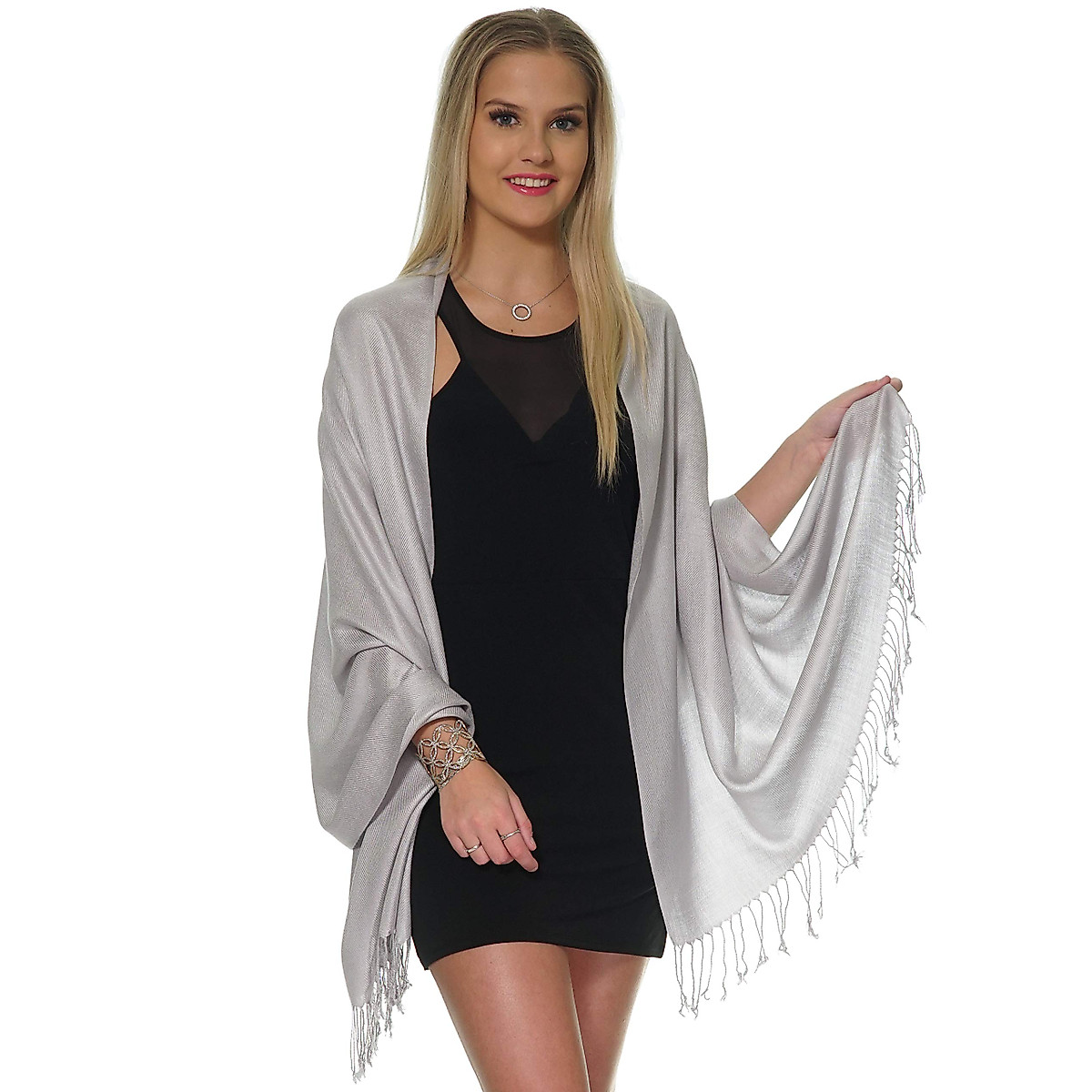Pashmina Shawls and Wraps for Evening Dresses, Large Soft Pashmina Wedding Light Grey Silver Shawl