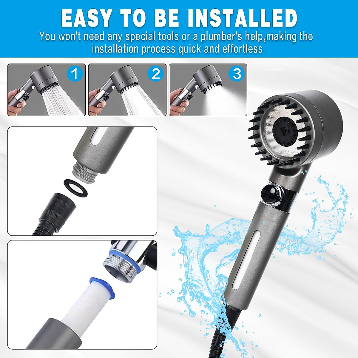 Shower heads with handheld spray combo,High pressure shower heads,Shower head filters,3 Modes Filtered shower head with hose 60'',Bracket,Rubber Washers,Apartment must haves