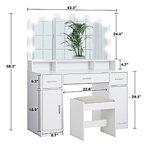usikey Large Vanity Set with Large Lighted Mirror, Modern Makeup Vanity Table with 3 Drawers, 2 Storage Cabinets & 10 LED Bulbs, Dressing Table with Cushioned Stool for Women, Bedroom, White