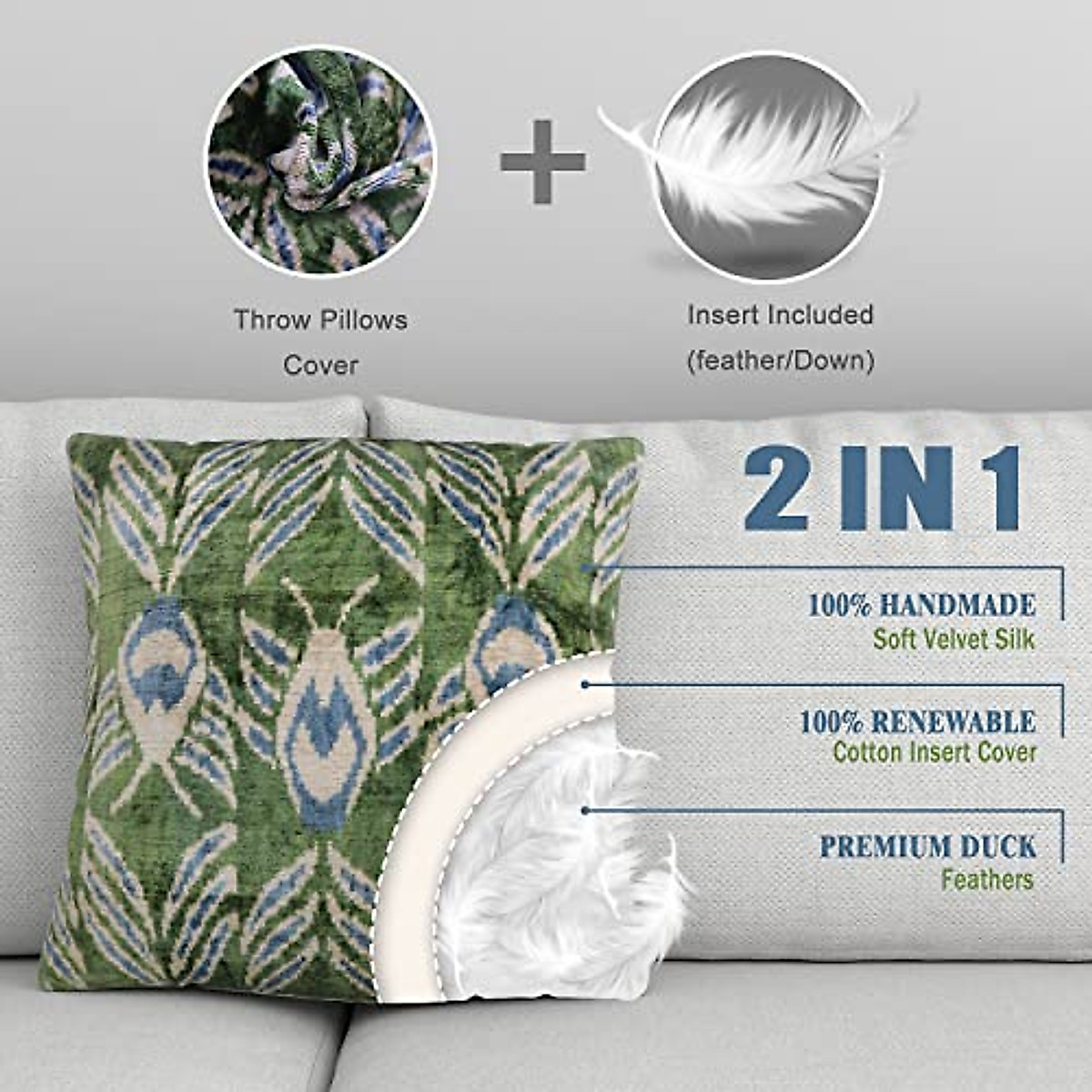 CANVELLO-Exquisite  Down Pillow/Throw Cushion: Feather Pillows Elegance & Art | Iconic Throw Pillows with Ikat Design  | Soft Velvet Silk   (20" x 20”)