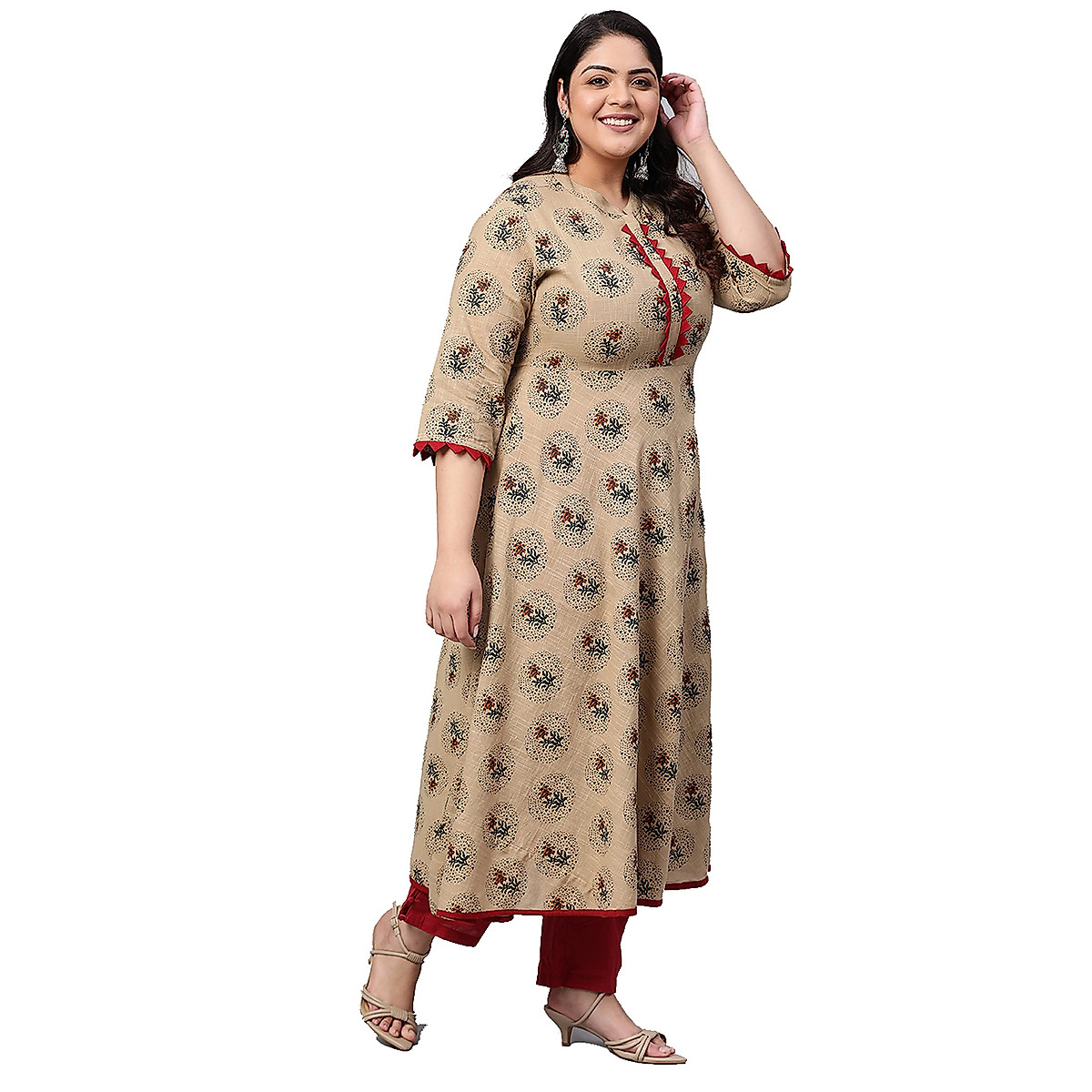 Yash Gallery Women's Cotton Blend Printed Anarkali Kurta (Beige)