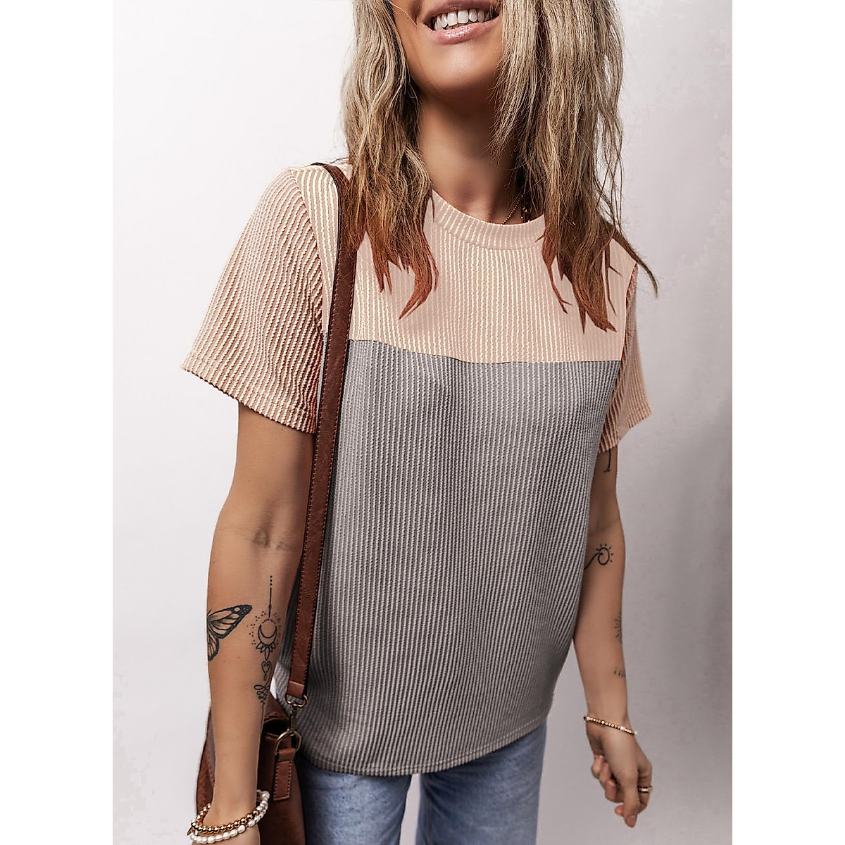 Dokotoo Womens Tops Color Block Short Tee Shirts Cute Going Out Shirt Summer Knit Top Cruise Outfits Casual Striped Tunics Blouses Spring Tops for Women 2025 Gray X-Large