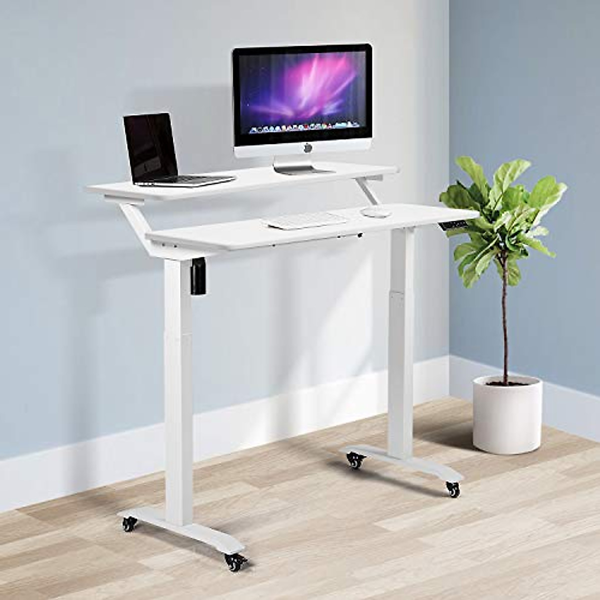 UNICOO - 2 Tier Electric Height Adjustable Standing Desk, Electric Standing Workstation Home Office Sit Stand Up Desk (White Top/White Leg - Electric- 2 Tier)