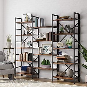 Tribesigns Triple Wide 5-Shelf Bookcase, Etagere Large Open Bookshelf Vintage Industrial Style Shelves Wood and Metal bookcases Furniture for Home & Office, 70 inch