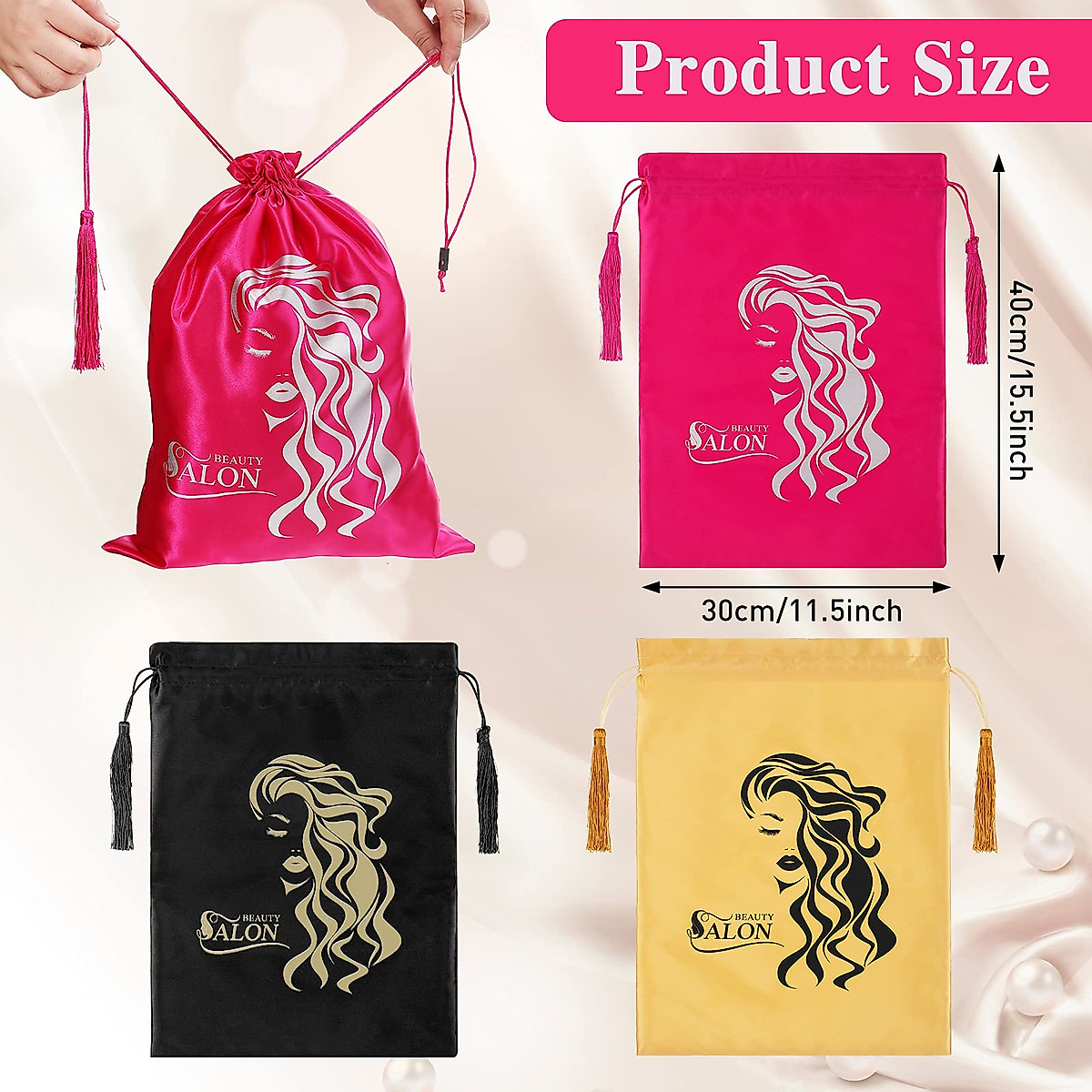 Riakrum 6 Pieces Satin Wig Bags Silky Storage Bag with Drawstring Satin Pouch for Hair Storage Pouch with Tassel for Wigs Bundles Tools Hair Extensions Travel Use