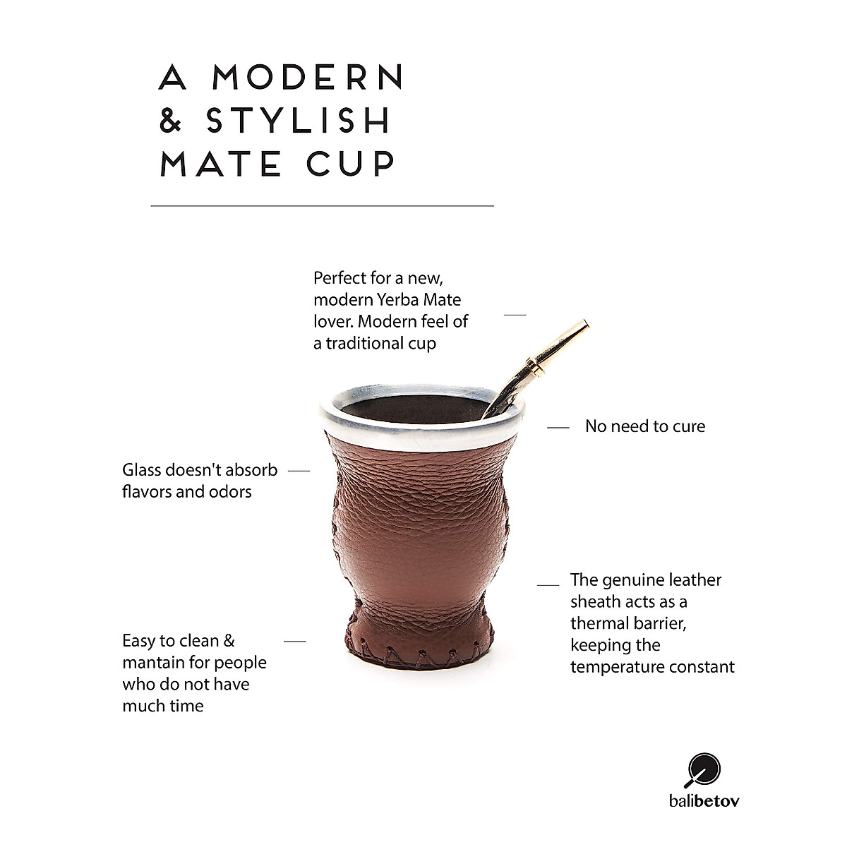 BALIBETOV [New Leather & Glass Yerba Mate Gourd Set (Mate Cup) with Yerba Mate Bombilla (Straw) (Brown)