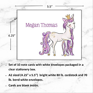 Purple Unicorn Note Cards with Envelopes, Personalized Stationery Set for Girls, Pack of 10 Folded Notecards