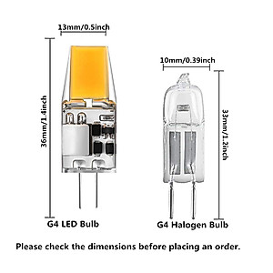 G4 LED Light Bulbs G4 Bi-Pin Base 3W (Equivalent to 20W Halogen Bulb) AC/DC 12V Warm White 3000K LED Bulbs for Landscape Ceiling Under Counter Puck Lighting,1 LED 1508 COB Chip,10 Pack