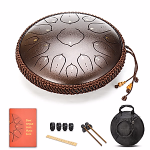 Steel Tongue Drum- ChunFeng 15 Notes 14 Inch Tongue Drum Instrument-Steel Drums For Adults-Hand Pan Drums With Music Book,Handpan Tongue Drum Mallets and Carry Bag,D Major(Bronze)
