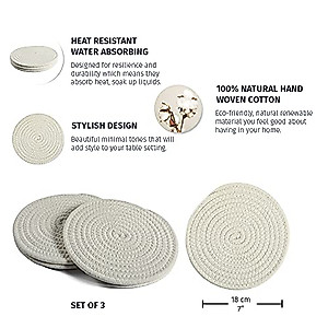 OrganiHaus Set of 3 White Woven Trivets for Hot Dishes | 7" Cotton Pot Holder for Hot Plates to Protect Table | Dining Table Hot Pads for Kitchen | Hot Bowl Holder | Trivets for Hot Pots and Pans