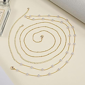 Amicon 2PCS 18K Gold Plated Waist Chain Pearl Belly Body Chain Layered Satellite Waist Chains Minimalist Beach Bikini Body Jewelry for Women 26.5-33Inch