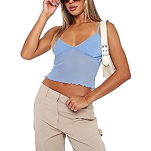 REORIA Women's Summer Sexy V Neck Sleeveless Adjustable Spaghetti Strap Sheer Mesh See Through Going Out Trendy Cami Camisole Y2k Crop Tops Sky Blue X-Small