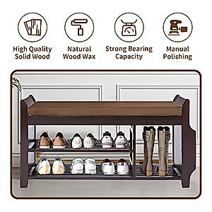 Bamboo Shoe Bench Entryway with Storage,FURFIMU Entryway Bench, Bench with Storage Basket,Bamboo Bench Removable Brown Cushion,2-Tier Entryway Shoe Storage with Umbrella Stand,Living Room or Hallway-L