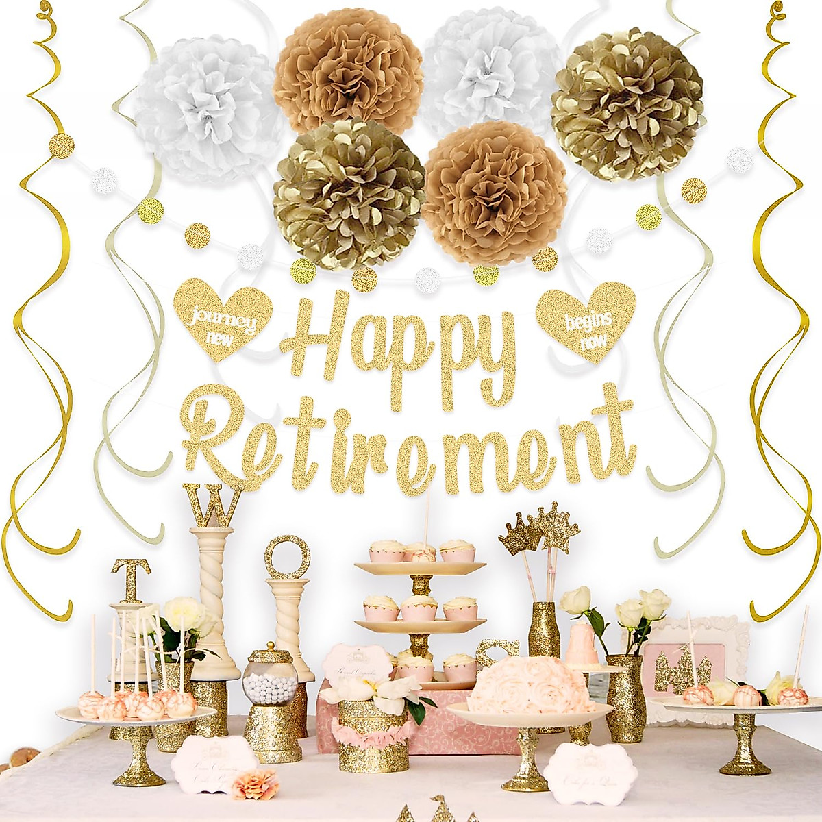 KOKAR Happy Retirement Decorations – Gold Happy Retirement Banner, Paper Pom Poms, Hanging Swirls and Glitter Circle Dots Garland for Retirement Party Decorations