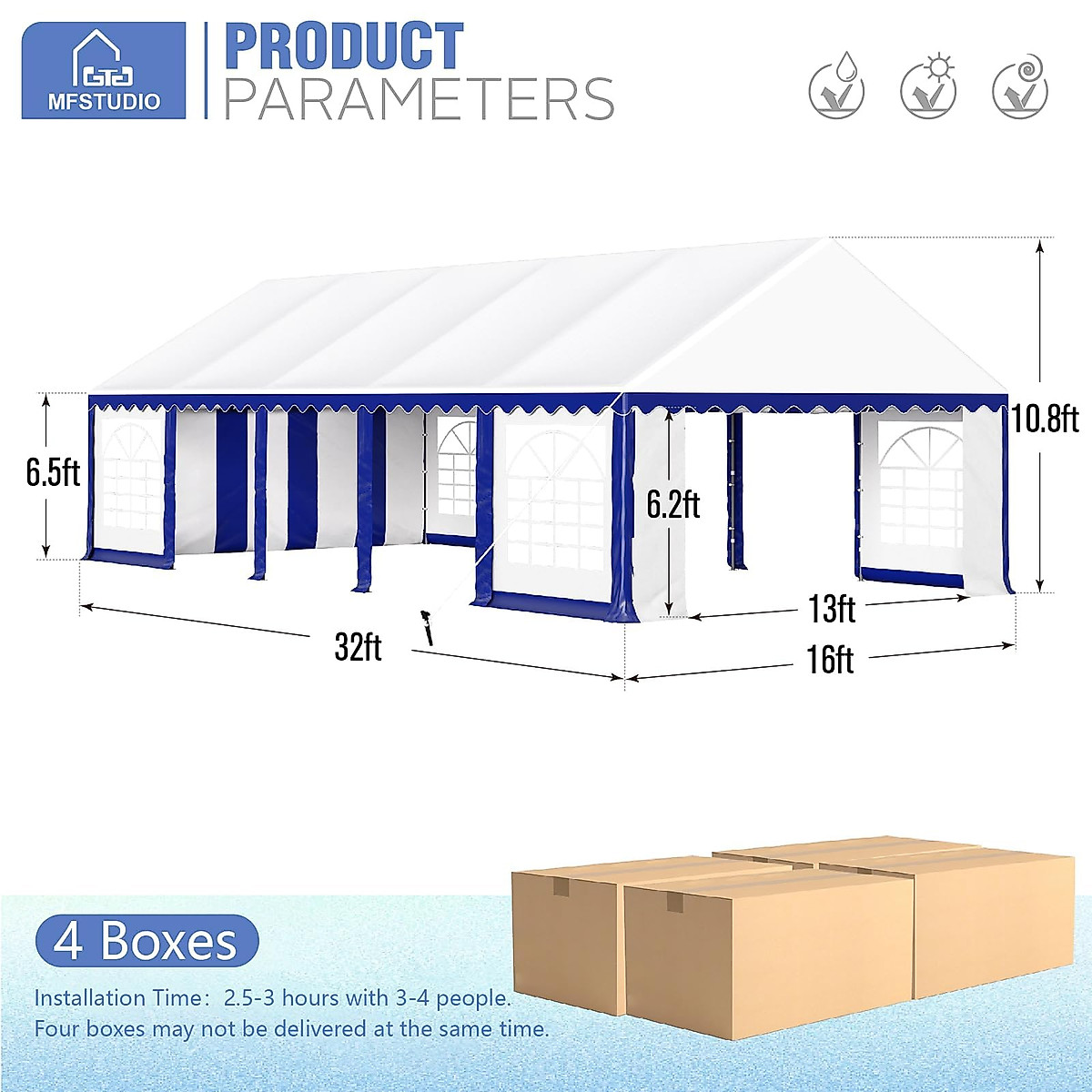 MFSTUDIO 16'x32' Party Tent, Outdoor Heavy Duty Party Tents with Removable Sidewalls, Large Canopy Tent Shelter for Outdoor Events Wedding Birthday, Blue