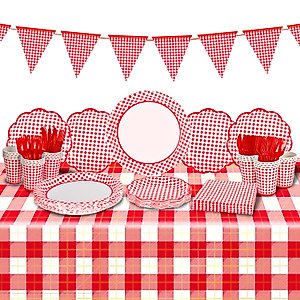 Gatherfun Gingham Red and White Party Supplies Disposable Paper Plates Napkins Cups Knives Spoons Forks Tablecloth Banner for Birthday Party Family Dinner Picnic Barbecue Mother's Day Party, Serve 25