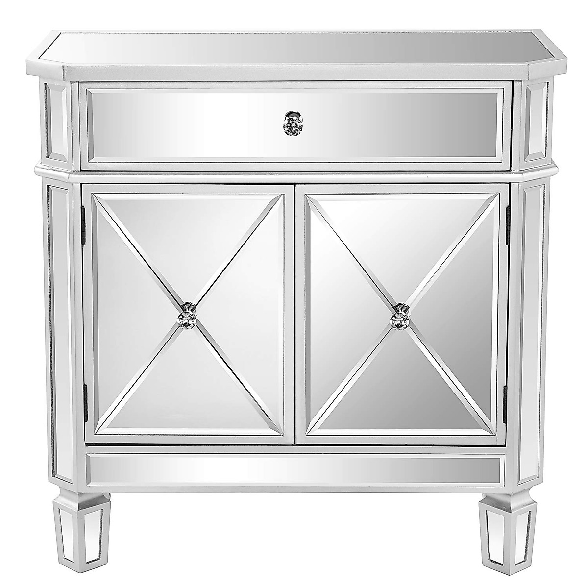 VINGLI Mirrored Cabinet, Mirrored Nightstand, Mirrored Dresser Accent Chest, Large Mirror Nightstand with 1 Drawer and Two Doors, 27.5”W x 13.4”D x 27.5”H, Mirror
