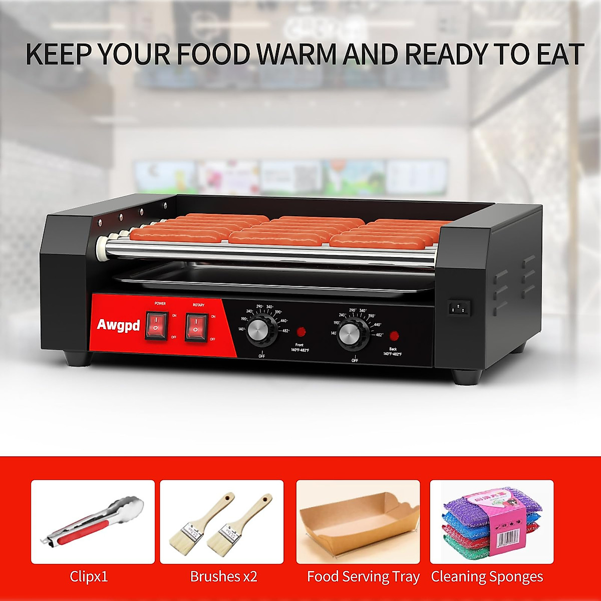 Awgpd Hot Dog Roller 5 Rollers 12 Hot Dogs Capacity, 750W Stainless Sausage Grill Cooker Machine with Dual Temp Control,Removable Drip Tray for Party Home Commercial (5 Roller)