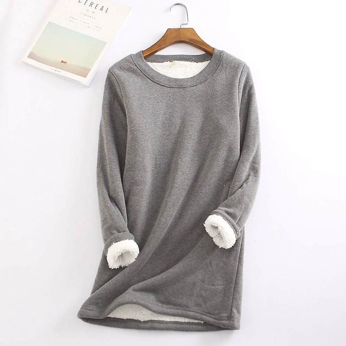 Borniu Womens Fleece Sweatshirt Casual Winter Warm Sherpa Lined Fleece Crewneck Sport Sweatshirts Pullover Loungewear Dark Gray