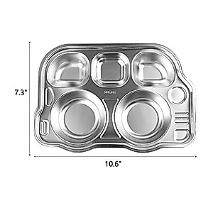 ZEAYEA 3 Pack Stainless Steel Divided Plate, 304 Stainless Divided Platter, 5 Section Car Shape Divided Dinner Tray, Kids Snack Meal Plate for Lunch, Portion Control, Camping, BPA free