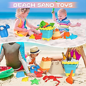 Elovien Beach Sand Toys Set, 24PCS Sandbox Toys with Mesh Backpack Bag Included 2 Foldable Buckets Pails, Sand Molds, Shovels, Rakes and Watering Can, Summer Outdoor Toys for Kids Toddlers Boys Girls