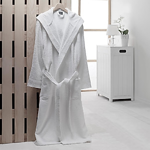 Classic Turkish Towels CTT - 100% Turkish Cotton Terry Cloth Hooded Bath Robe for Women & Men, 450 GSM Soft & Plush Long Robe | White (Medium - Large)