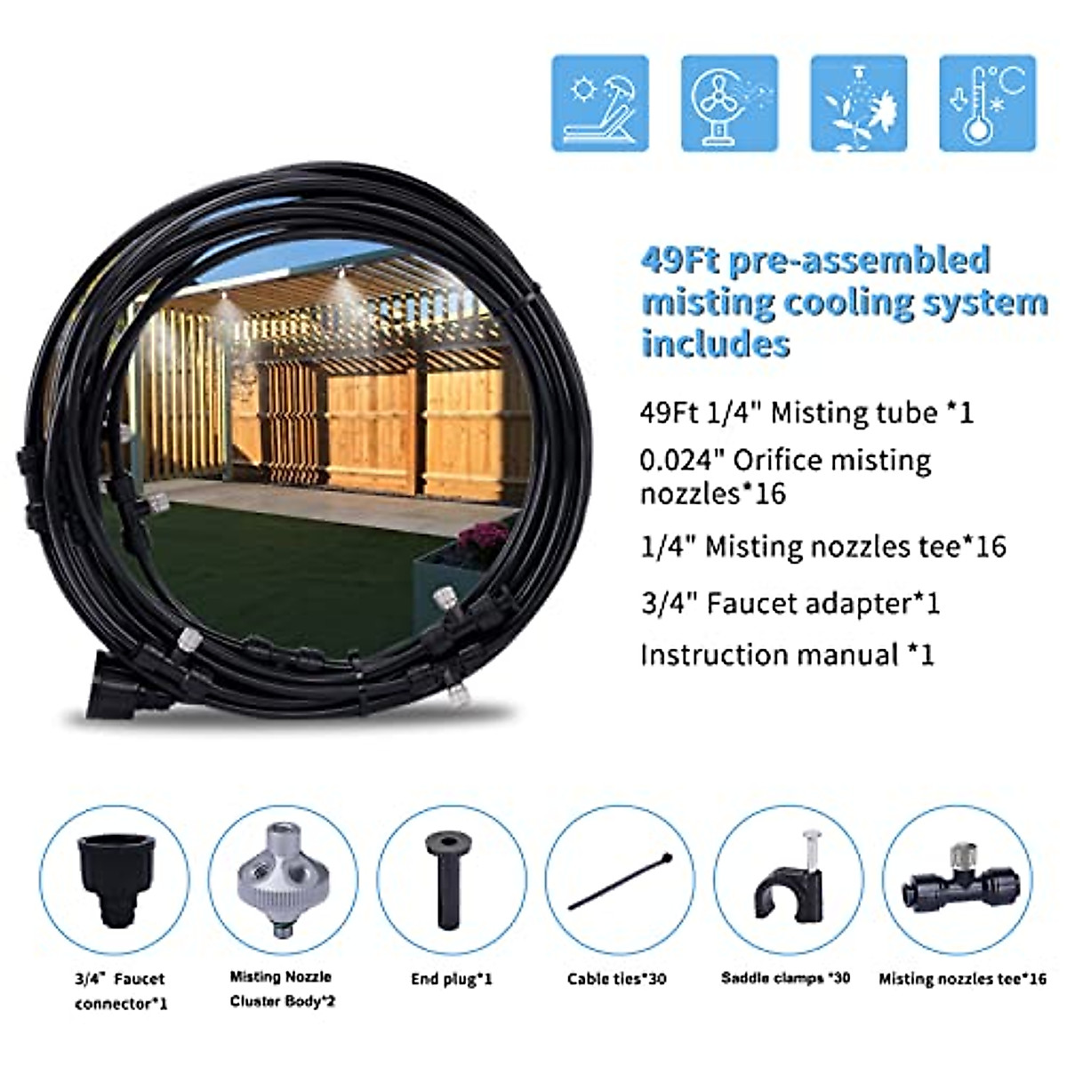 Fogalnd Patio Misting System : Outdoor Misting System 49ft Misting Cooling System with 16pcs 0.024" Orifice Thread Stainless Steel Misting Nozzle for Garden Greenhouse Gazebo